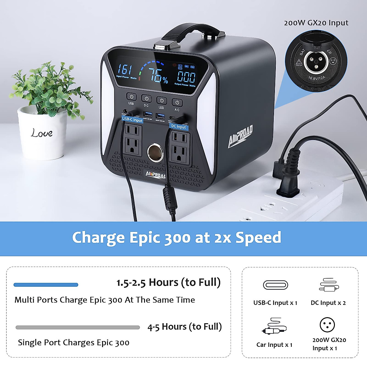 AMPROAD Epic 300 Portable Power Station 300W, 300Wh Backup Power Supply with 4*LED Lights and AC/DC/QC USB Ports, Solar Generator for Home Use, Camping, RV, and CPAP(Without Solar Panel)