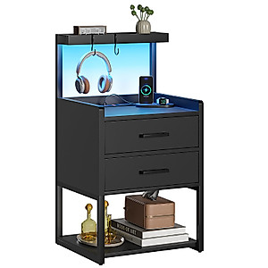 MSmask Black Night Stand with Charging Station, LED Night Stand with 2 Drawers and Open Storage Shelves, Modern Bedside Table with USB Ports&Outlets, End Side Table for Bedroom, Dorm