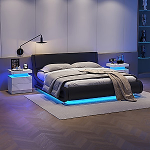 DobleCliCli LED Nightstands, Modern End Side Table with 2 Drawers, LED Bedroom Furniture for Bedroom and Living Room, White Marble Pattern