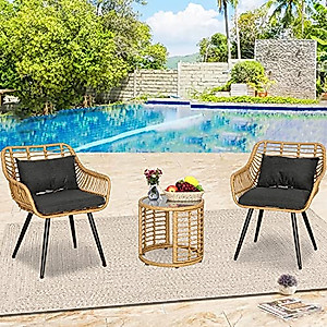 Furnivilla Patio Porch Furniture Sets 3 Pieces PE Rattan Wicker Chairs with Tempered Glass Table for Backyard Garden Porch (Beige/Black)
