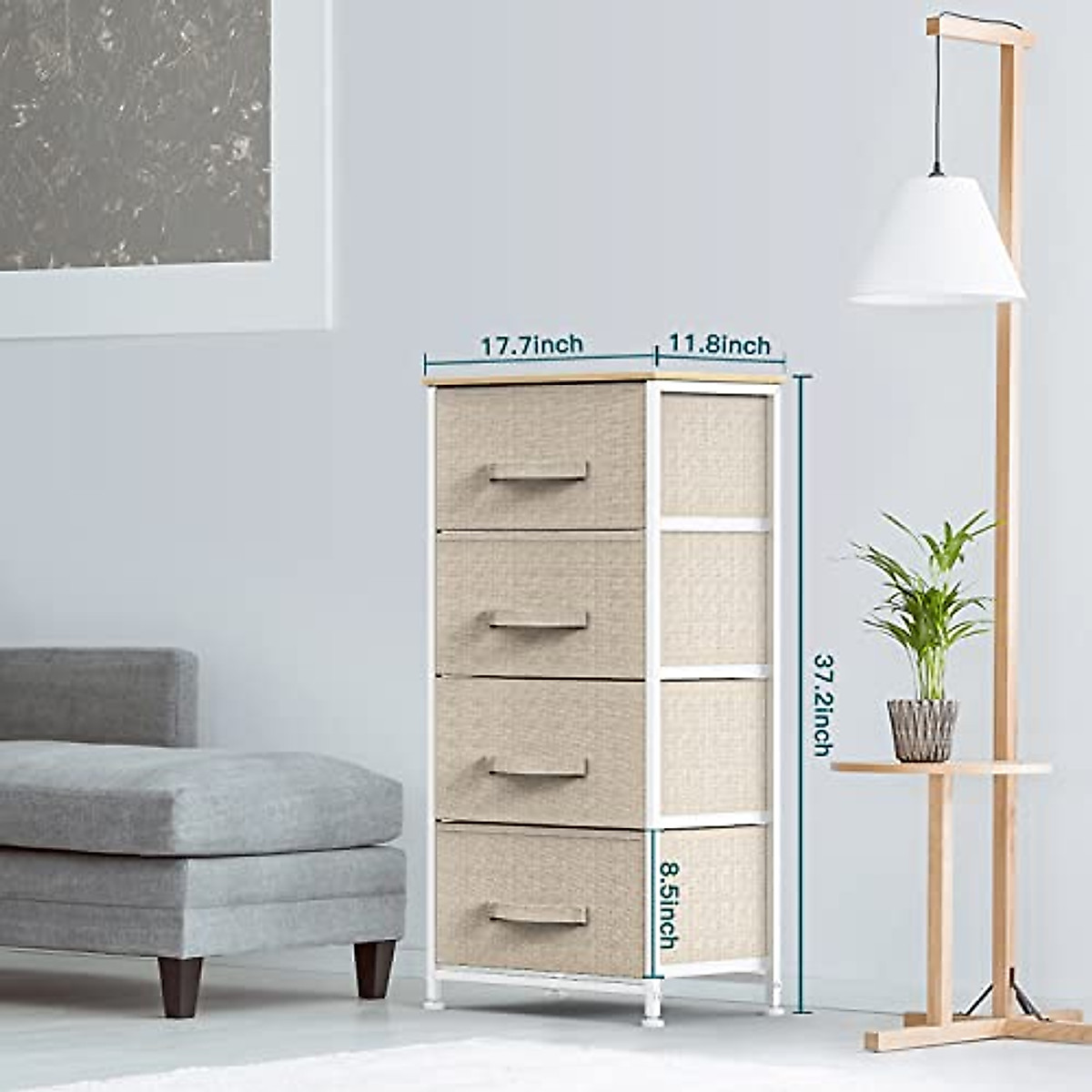 Pipishell Dresser with 4 Drawers, Tall Storage Tower with Sturdy Steel Frame Wood Top，Fabric Dresser Organizer Unit for Bedroom, Hallway, Entryway, Closets, Nursery Room