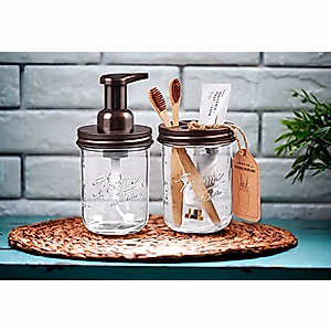 Mason Jar Bathroom Accessories Set - Includes Mason Jar Foaming Hand Soap Dispenser and Toothbrush Holder - Rustic Farmhouse Decor Apothecary Jars Bathroom Countertop and Vanity Organizer (Bronze)