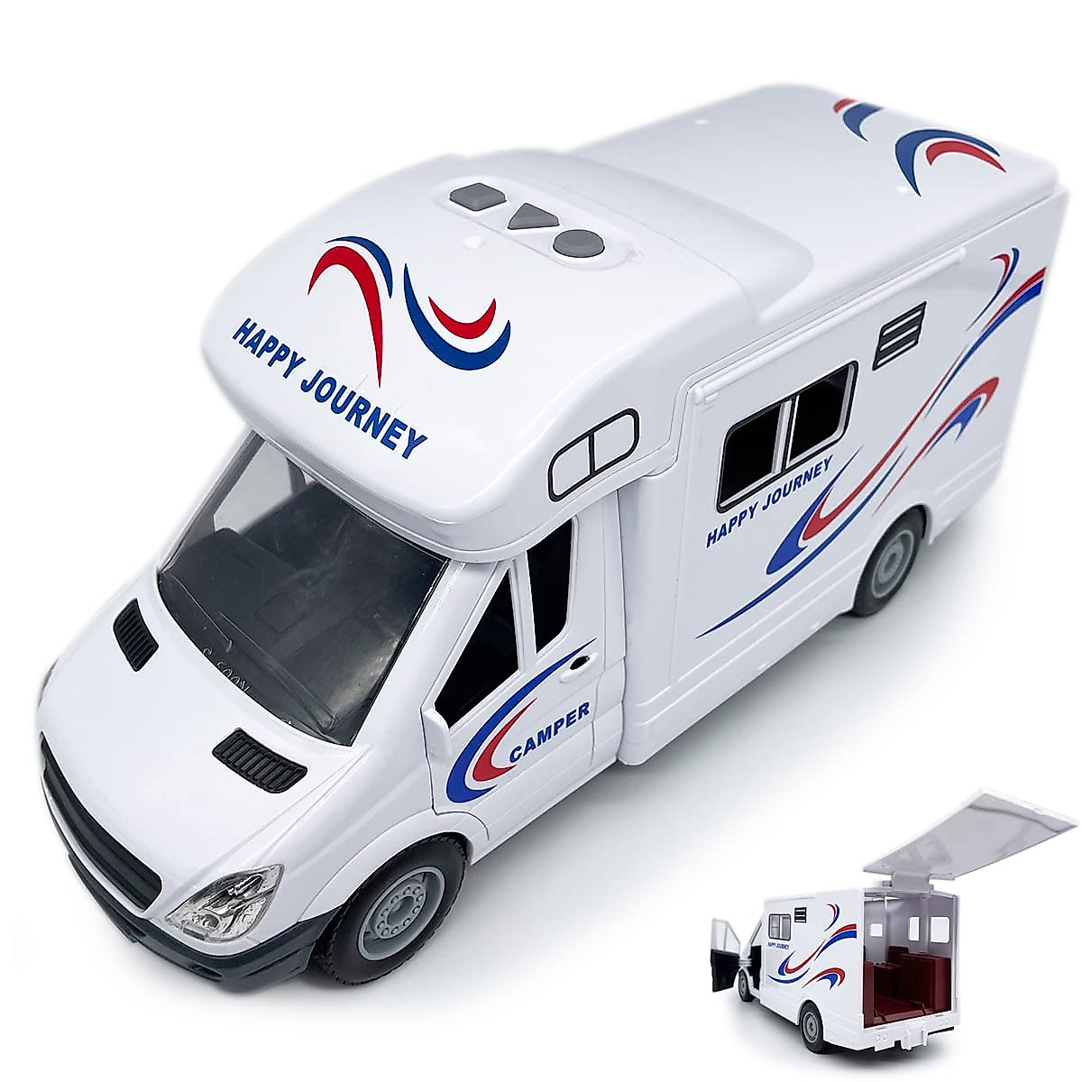 Toy Camper RV Motorhome Toys for Boys Toy Car Model Cars Recreational Vehicle Holiday Travel Adventure, Friction Powered, Roof and Doors Open, Light Sound, 3 4 5 6 Years Old Kids Girls Gifts, white