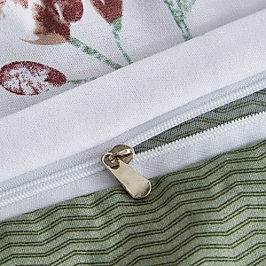 Nayoroom White Floral Duvet Cover Queen Size Green Botanical Leaf Yellow Flowers Printed Reversible Striped Bedding Set 3 Pieces Soft Microfiber Garden Style Comforter Cover with Zipper Ties