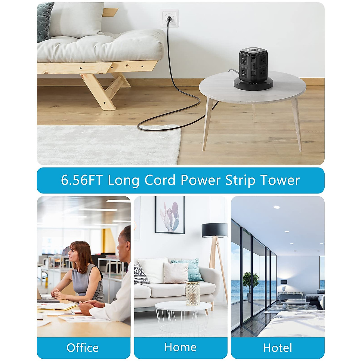 Power Strip Tower Surge Protector, Extension Tower with Wireless Charging, Vertical Charging Station with 8 Plug 3 USB Ports, for Home Office Hotel Dorm,Black