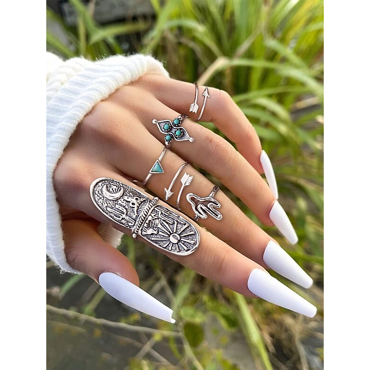 YANCHUN Turquoise Stackable Finger Ring Set Boho Knuckle Rings Midi Joint Carved Rings Western Jewelry for Women