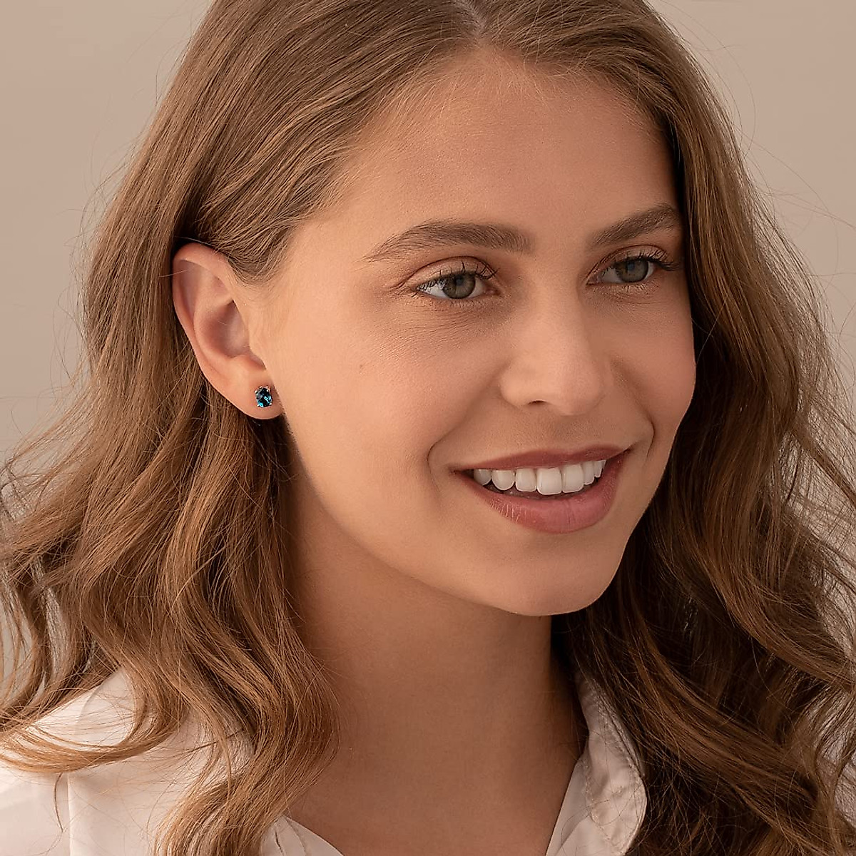 Peora 14K White Gold London Blue Topaz Earrings for Women, Natural Gemstone Classic Solitaire Studs, 7x5mm Oval Shape, 2 Carats total, Friction Back