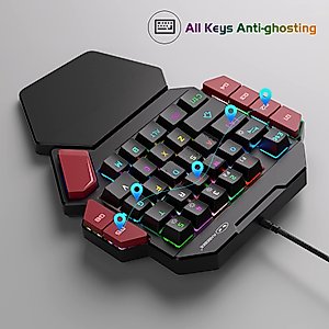 MageGee One Handed Professional Gaming Keyboard, RGB Backlit 35 Keys Mini Wired Mechanical Keyboard with Blue Switch for PC Gamer, Support 6 Macro Keys - Black/Red