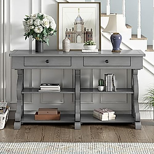 Brabrety Rustic Console Table Sideboard with Ample Storage, Open Shelves and Drawers,for Entrance Dinning Room Living Room (Antique Gray@Storage)