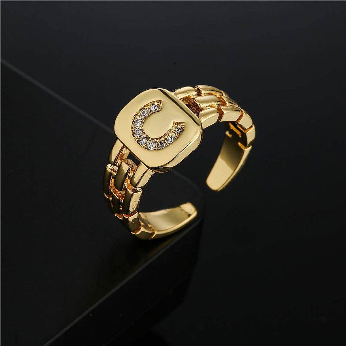 cmoonry Gold Cubic Zirconia Initial Letter Open Ring Adjustable For Women 18K Gold Plated Alphabet Rings Letter A To Z (J)