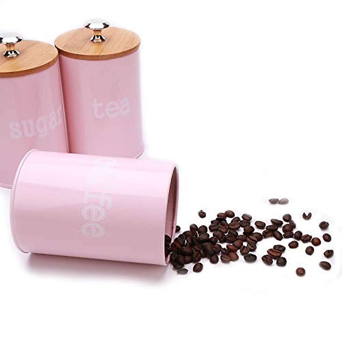 X022S Set of 3 Metal Food Storage Tin Canister/Jar with Bamboo Lid (matte pink)
