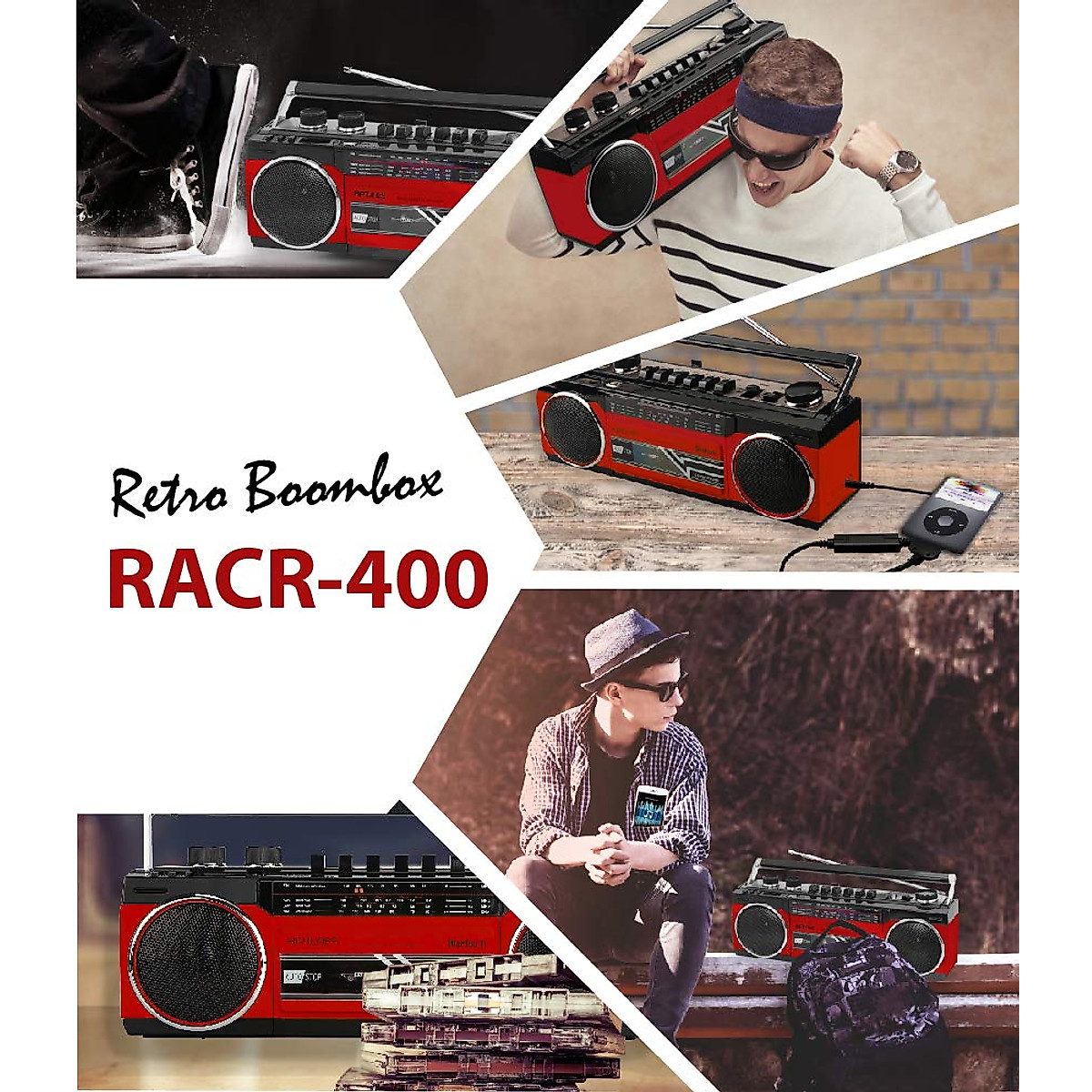 Riptunes Cassette Boombox, Retro Blueooth Boombox, Cassette Player and Recorder, AM/FM/SW-1-SW2 Radio-4-Band Radio, USB, and SD, RED