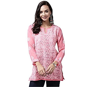Ada Indian Hand Embroidered Chikankari Women's Pink Georgette Top Tunic Shirt Kurti A911225 (XX-Large)
