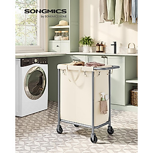 SONGMICS Laundry Basket with Wheels, 2-Section Rolling Laundry Hamper, 37 Gallons (140L), Removable Liner, Steel Frame with Handle, Blanket Storage, 27.2 x 15.4 x 31.9 Inches, Cream White URLS004W01
