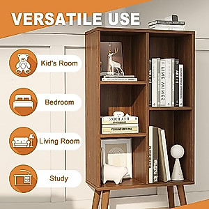 VICLLAX 3-Tier Open Book Shelf with Legs, Storage Walnut Book Shelves, 5 Cube Floor Standing Display Shelf for Home Office, Bedroom, Reading Room