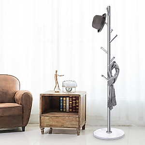 Homde Metal Coat Rack Stand with Natural Marble Base, Stainless Steel Freestanding Clothes Tree Hanger with 8 Hooks, Hall Hanger for Coat Jackets Hat Scarves Handbags Entryway Bedroom (Silver)