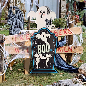 Joliyoou Halloween Yard Stake, 26.4" Solar Lighted Metal Tombstone with Glow in The Dark Ghosts, 18 LED Purple Lights Spooky Yard Sign for Outdoor Front Door Yard Lawn Garden Decors