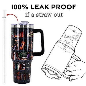 Book Lovers Gifts 40oz Tumbler with Handle and Straw Lid,Vacuum Insulated Leak Proof Tumbler bookish gifts for Women Readers Librarian,Book Accessories Stainless Steel Travel Mug,Skull Bookshelf