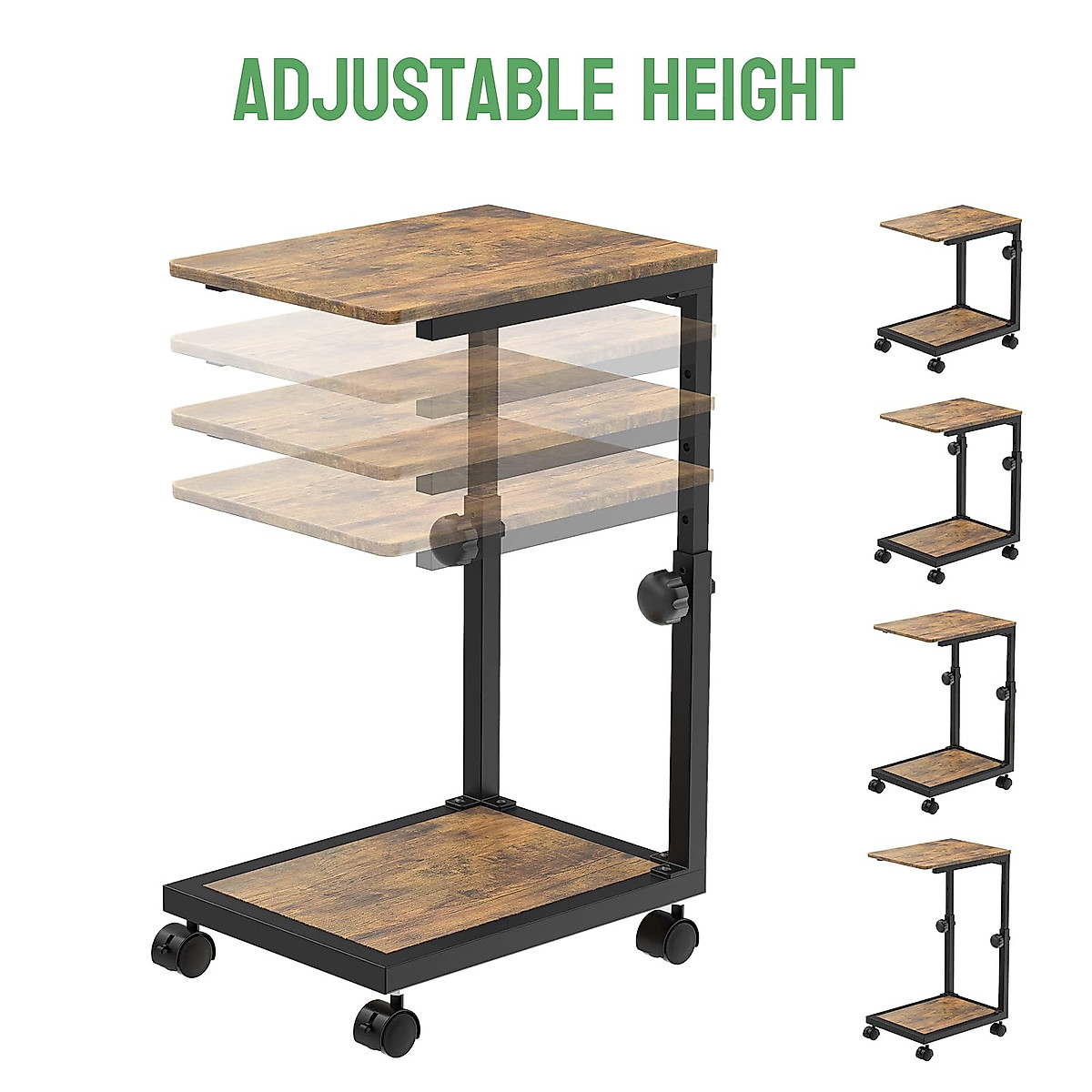 NATFAIRY C Shaped End Table with Rolling Wheels, Height Adjustable Sofa Side Table for Small Space Bedroom, Industrial TV Tray Couch Table Cart for Living Room, Retro Brown & Black