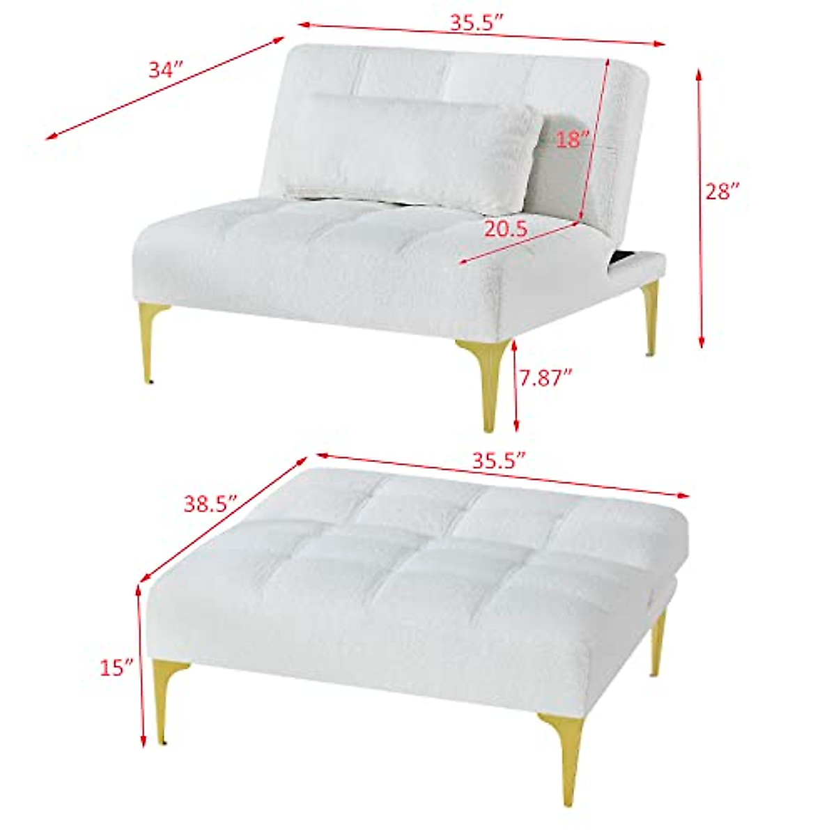 MMTGO Convertible Fabric Sofa Bed with Gold Metal Legs and Toss Pillow,Single Futon Couch w/Three Backrest Settings for Small Spaces,Partment,Studio, 35.5Inch, White Teddy