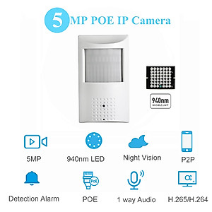 REVODATA 5MP PIR 940nm Invisible LED POE IP Camera Built in Micro Phone, 3.7mm Lens 80° IR Night Vision CCTV Indoor Security Camera,P2P H.265 Mini PIR Video Camera Motion Detection (IPIR-P-A-HS)