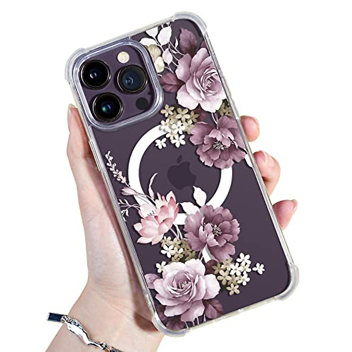GVIEWIN for iPhone 14 ProMax Case Compatible with MagSafe, [Screen Protector + Camera Lens Protector] [MIL-Grade Protection] Magnetic Floral Clear Shockproof Women Phone Case for 14 Pro Max(Purple)