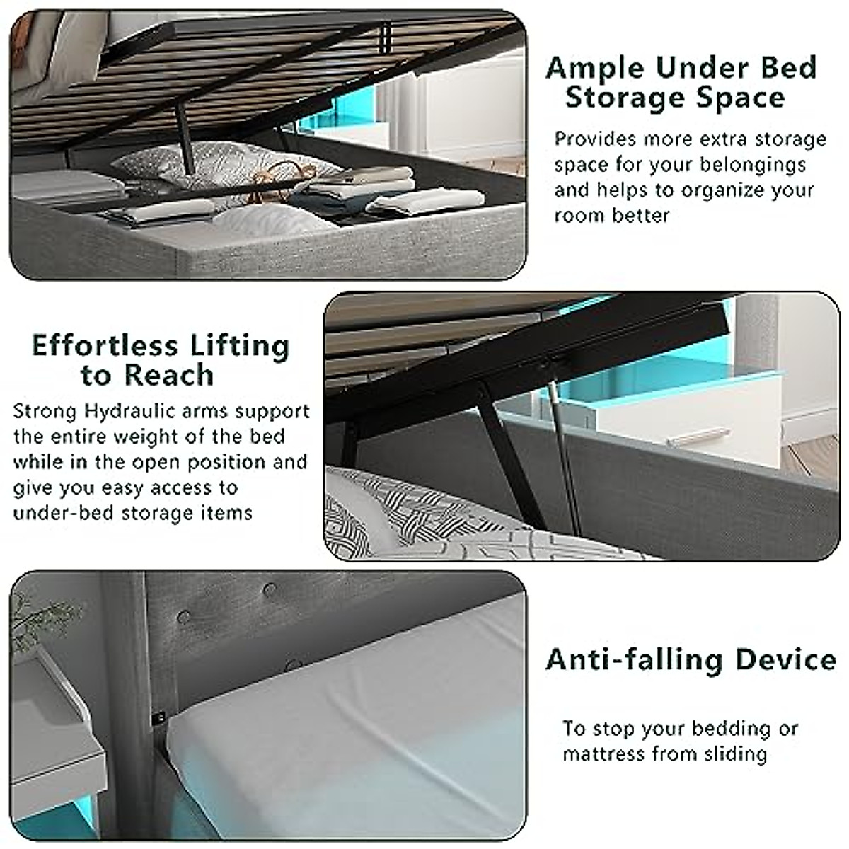 Loomie Queen Lift Up Bed Frame with Charging Station & LED Lights, Upholstered Bed with Button Tufted Wingback Storage Headboard, Hydraulic Storage, No Box Spring Needed, Wood Slats Support,Light Grey