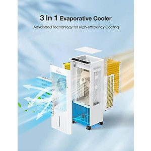 Grelife Portable Evaporative Air Cooler, 3-IN-1 Air Cooler Cooling Fan with Remote Control, 12H Timer, 4 Ice Packs, 1.58Gal Water Tank, 3 Modes, 3 Speeds, Personal Swamp Cooler for Bedroom(BLACK)