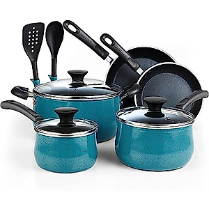 Cook N Home Pots and Pans Nonstick Cookware Set 10-Piece, Belly Shape Kitchen Cooking Set with Frying Pans and Saucepans, Induction Compatible, Turquoise