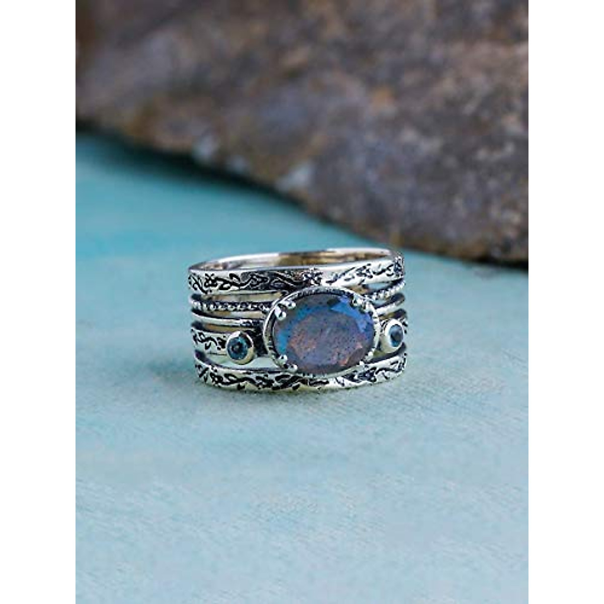 YoTreasure Labradorite Swiss Blue Topaz 925 Sterling Silver Antique Three Stone Ring