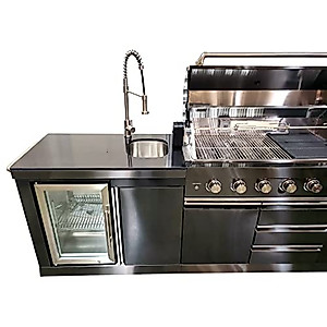MCP Island Grills Black Stainless Steel 6 Burner 2 Modular Piece Marble Top BBQ Outdoor Electric Propane Grill Kitchen with Refrigerator, Sink, Side Burner, LED Lights on Knobs, & Protective Cover