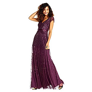 Adrianna Papell Women's Long Beaded V-Neck Dress with Cap Sleeves and Waistband, Cassis, 10