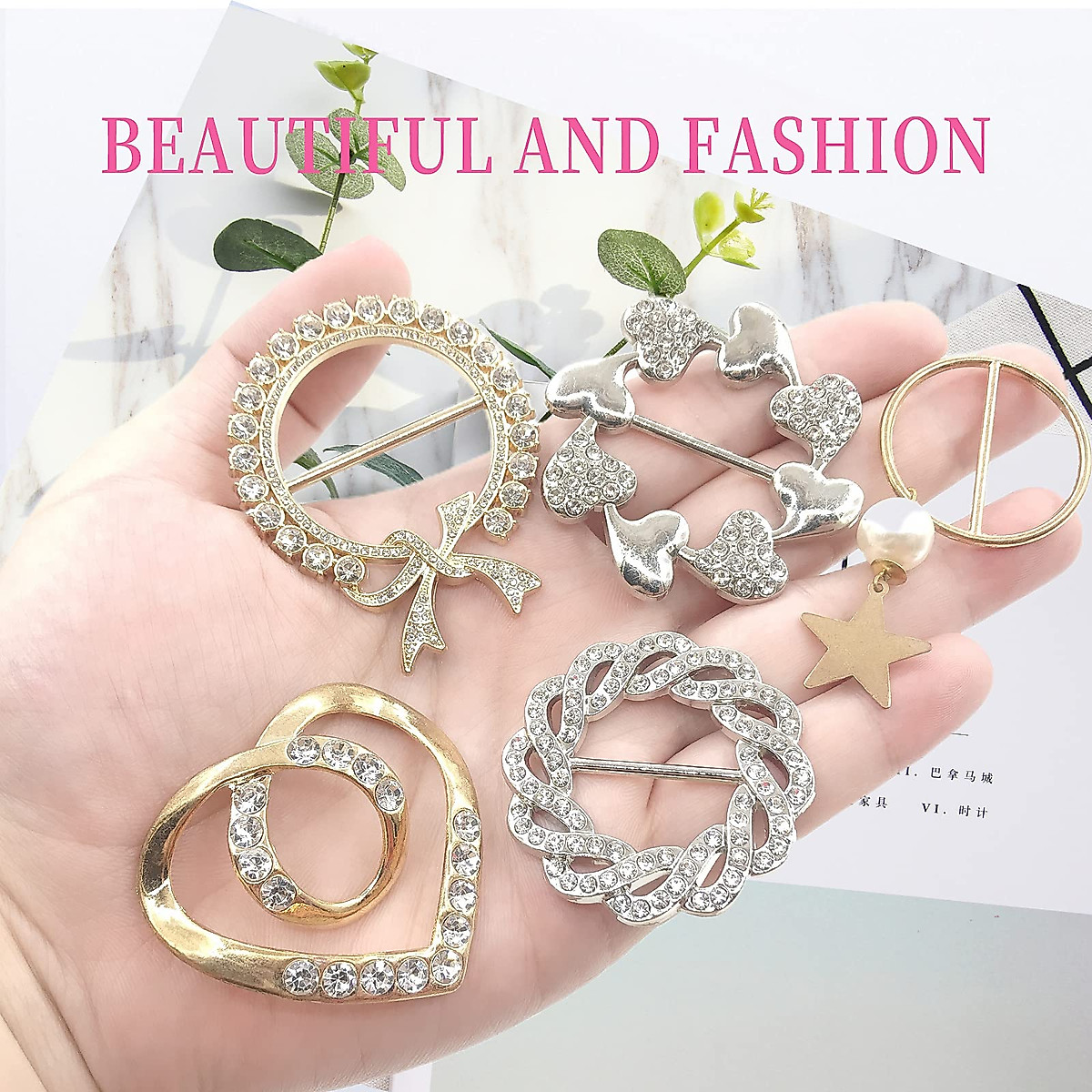 TXZWJZ Scarf Tie Buckle Rings for Women,12PCS Metal Party T Shirt Pearls Rhinestone Clips,Clothes Corner Knotted Button for Women Girls Decorative Accessories