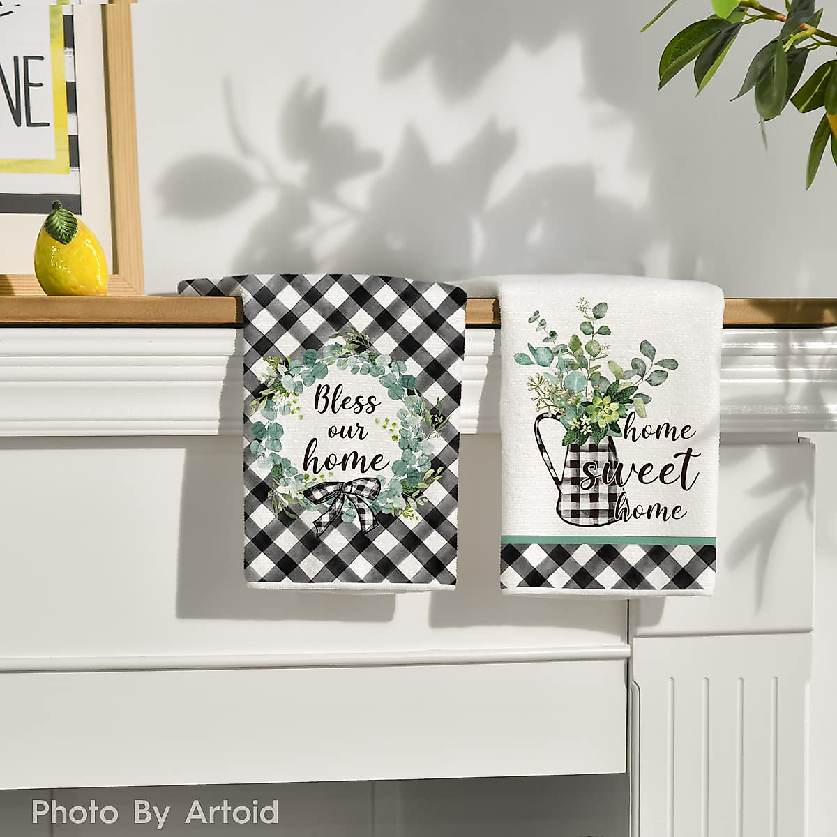 Artoid Mode Buffalo Plaid Eucalyptus Home Sweet Home Kitchen Towels Dish Towels, 18x26 Inch Seasonal Decoration Hand Towels Set of 4