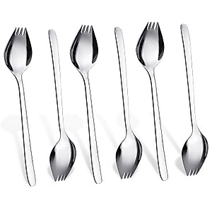 KAISHANE 6-Piece 7.1 Inch Sporks Set - 18/10 Stainless Steel Sporks for Household Use, Picnics, and Travel, Ideal for Ice Cream, Salad, Fruit Appetizers, and Desserts