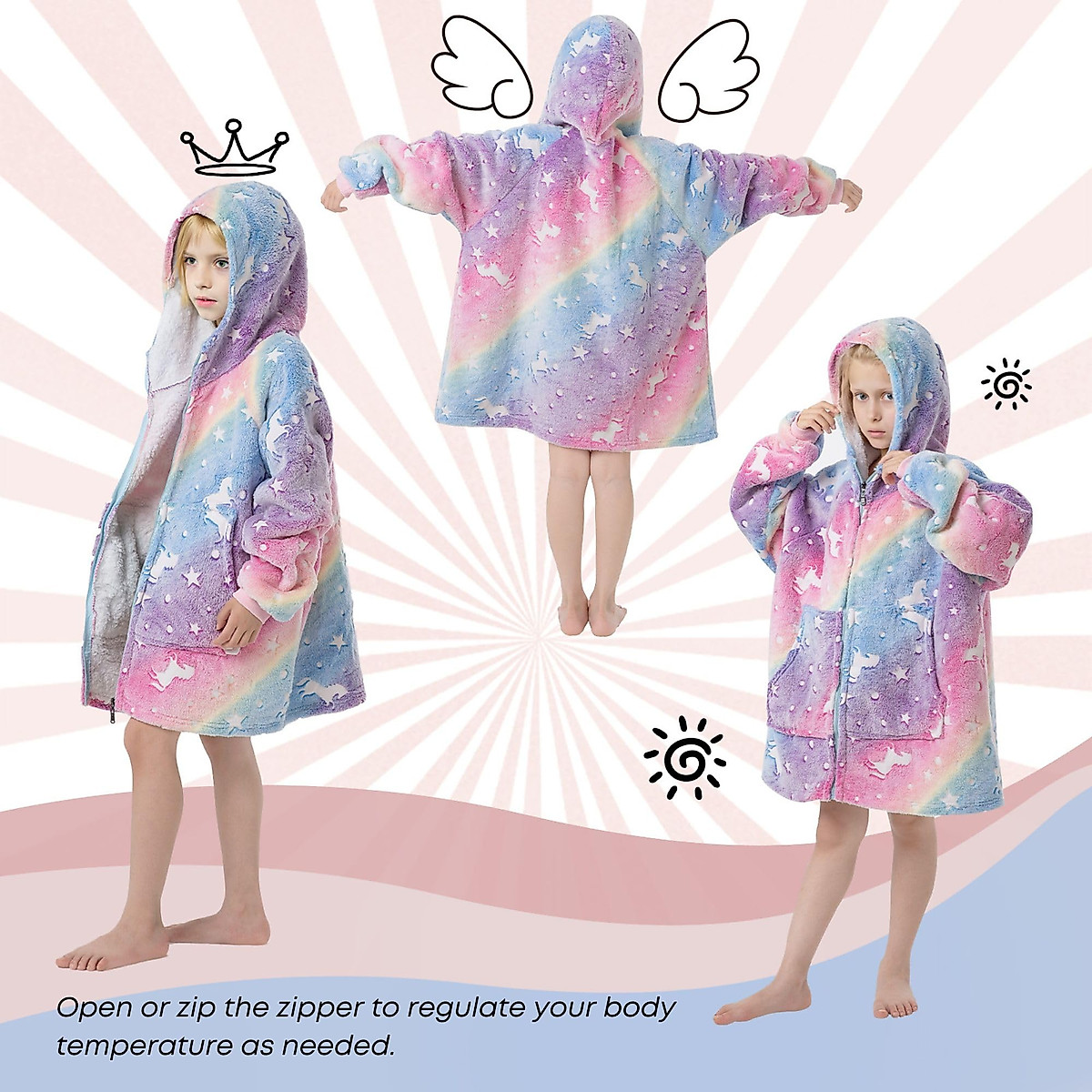 MeMoreCool Wearable Blanket Kids Blanket Hoodie, Hooded Blanket Kids Comfy Blanket Sweatshirt, Toddler Blanket with Hood