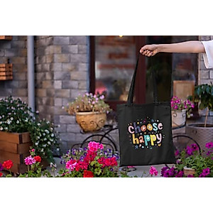 CurryFerry Cute Canvas Tote Bag for Women - Teacher Tote Bag - Inspirational Gifts for Teacher - Black Tote Bag - Reusable Shopping Bags for Grocery Utility Teacher College Work (Choose Happy)