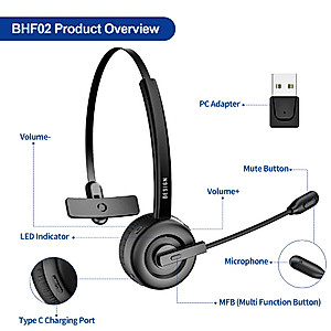 BESIGN BHF02 Pro Bluetooth Handsfree Headset (Headset with USB Adapter for PC, Black)