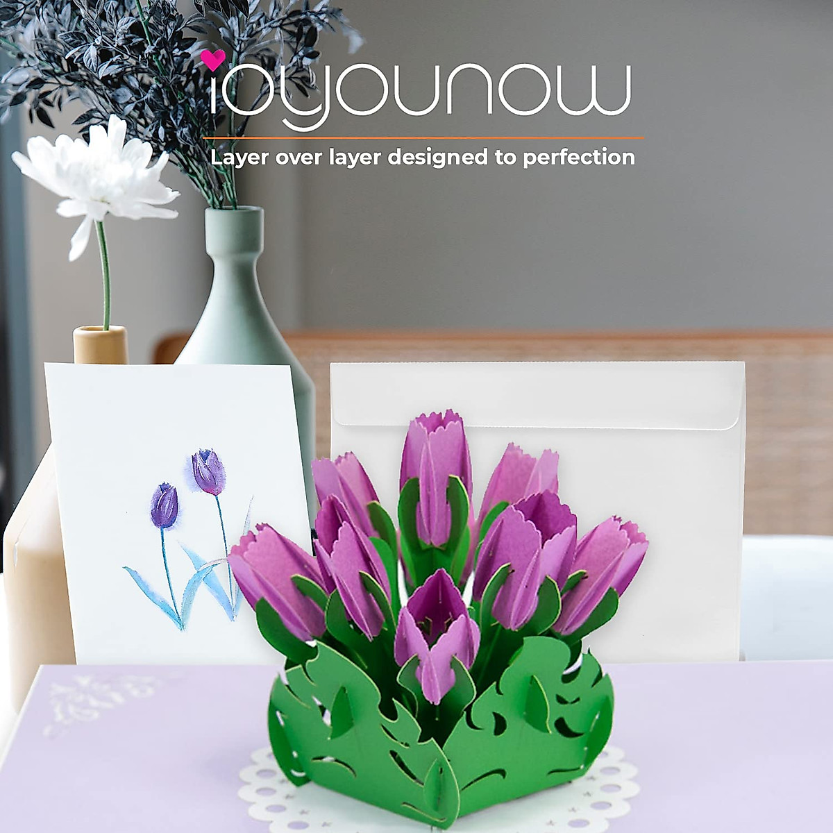 ioyounow Paper Flowers Popup Card - 5x6.75 Inch Pop Up 3D Purple Tulips Greetings Card - Happy Birthday Cards for Sisters – Best Paper Greetings, Thinking of You Gift for Women