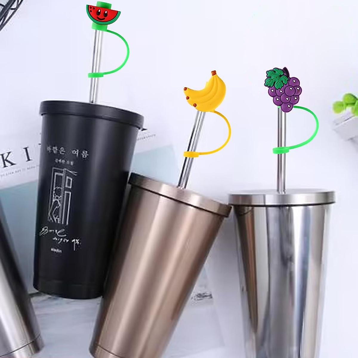 SAMOKA Silicone Straw Cover,10 PCS Straw Tip Cap Reusable Drinking Straw Toppers,Silicone Straw Plugs Reusable Fruit Shape Straw Protector