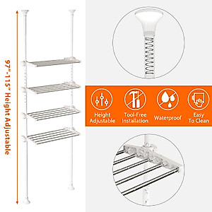 Bathroom Over The Toilet Storage, Over Toilet Organizers Shelves 4.5-9.5 FT Adjustable, 4-Tier Shelf Rack Above Behind Toilet, Wash-Machine, Small Room Space Saver Metal Shelving, White, Rustproof
