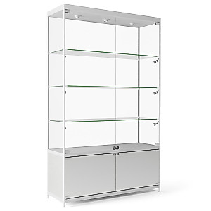 Displays2go 48" Retail Showcase, 7 LED Lights, Storage, Lockable Swinging Doors - Silver (LESC4816SB)