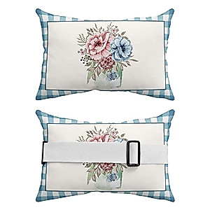 Prime Leader Recliner Head Pillow Ledge Loungers Chair Pillows with Insert Spring Pink Blue Flower Blue White Buffalo Plaid Lumbar Pillow with Adjustable Strap Outdoor Waterproof Patio Pillows, 2 PCS