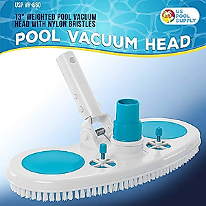 U.S. Pool Supply 13" Weighted Pool Vacuum Head with Nylon Bristles, Swivel Hose Connection, EZ Clip Handle - Connect 1-1/4" or 1-1/2" Hose - Removes Debris, Cleans Floors - Safe for Vinyl Lined Pools