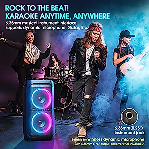 W-KING 100W Bluetooth Speakers V5.3, IPX6 Waterproof Portable Loud Speaker with Deep Bass/110dB Huge Sound/DSP, Karaoke Outdoor Boombox with Lights/Mic & Guitar Port/Echo/USB Port/EQ/Adapter Included