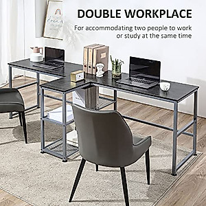 HOMCOM 83" Two Person Computer Desk with 2 Storage Shelves, Double Desk Workstation with Book Shelf, Long Desk Table for Home Office, Black