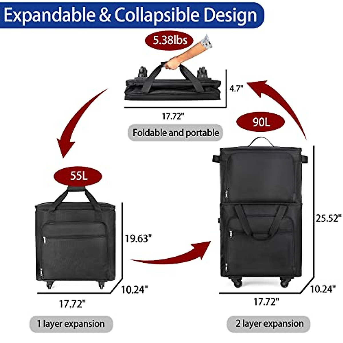 Large Collapsible Foldable Suitcase with Spinner Wheels Expandable Rolling Luggage Bag Carry On Wheeled Suit Case Maletas De Viaje Para Grandes Con Ruedas 50 Libras Ultra Lightweight Airline Approved