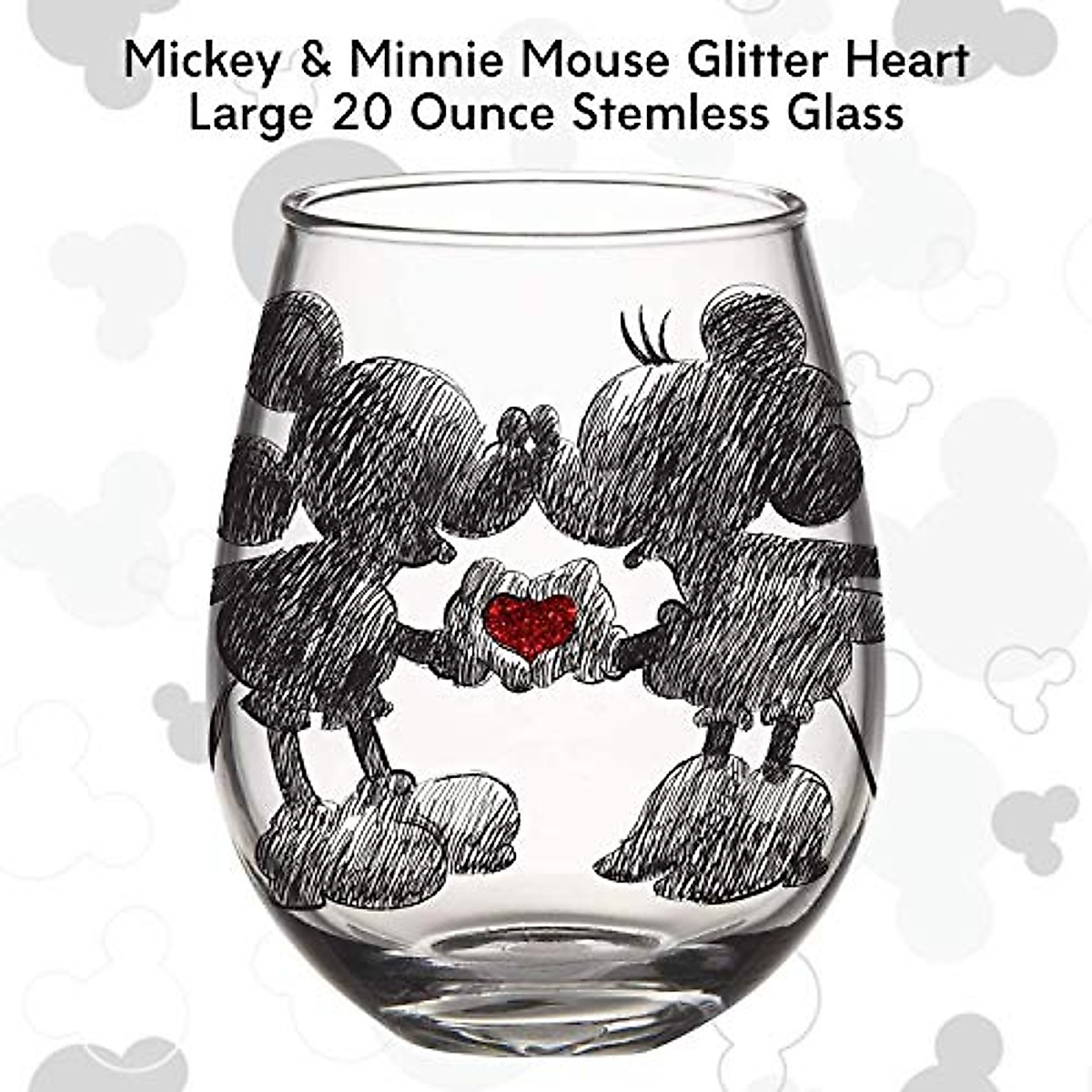 Silver Buffalo Disney Mickey and Minnie Classic Heart Glitter Stemless Wine Glass, 20 Ounces