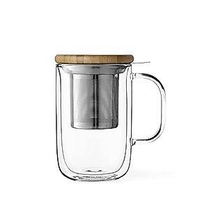 VIVA Minima Double Wall Glass Balance Tea Mug with Mesh Infuser and Wood Lid- 500 ml / 17 oz