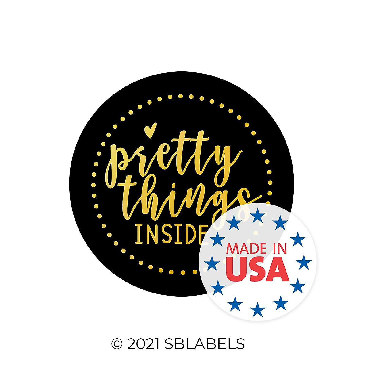 Black and Gold Foil Pretty Things Inside Stickers / 500 Sticker Roll / 1.5" Round Label/Small Business Online Retailer Labels